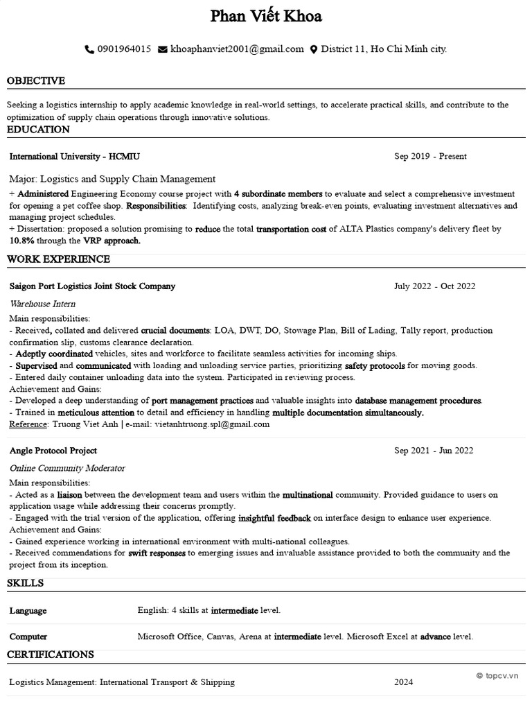 CV Logistics Internship Phan Viet Khoa | PDF | Logistics | Supply Chain