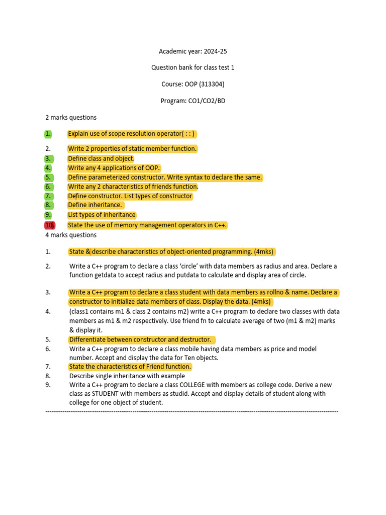 Question Bank For Class Test 1 2024 - OOP | PDF | Technology & Engineering