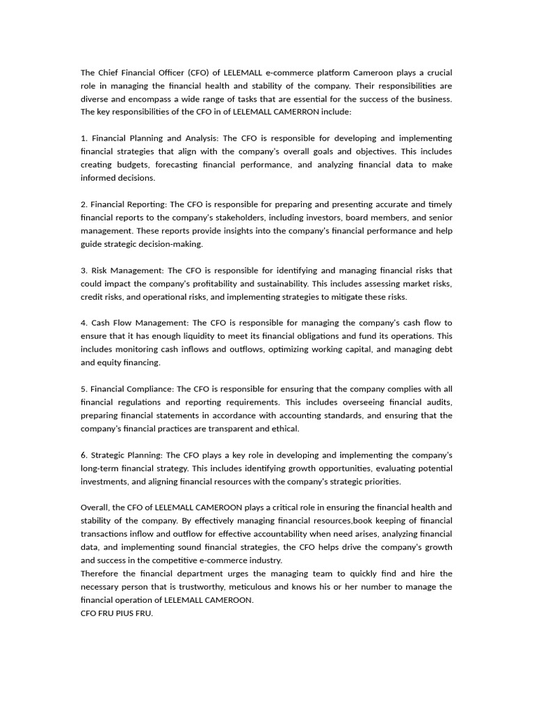 DUTIES of The Chief Financial Officer of Lelemall CAMEROON | PDF ...