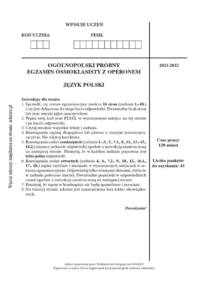 Jezyk Polski 2021 Operon Egzamin 8kl Probny | PDF