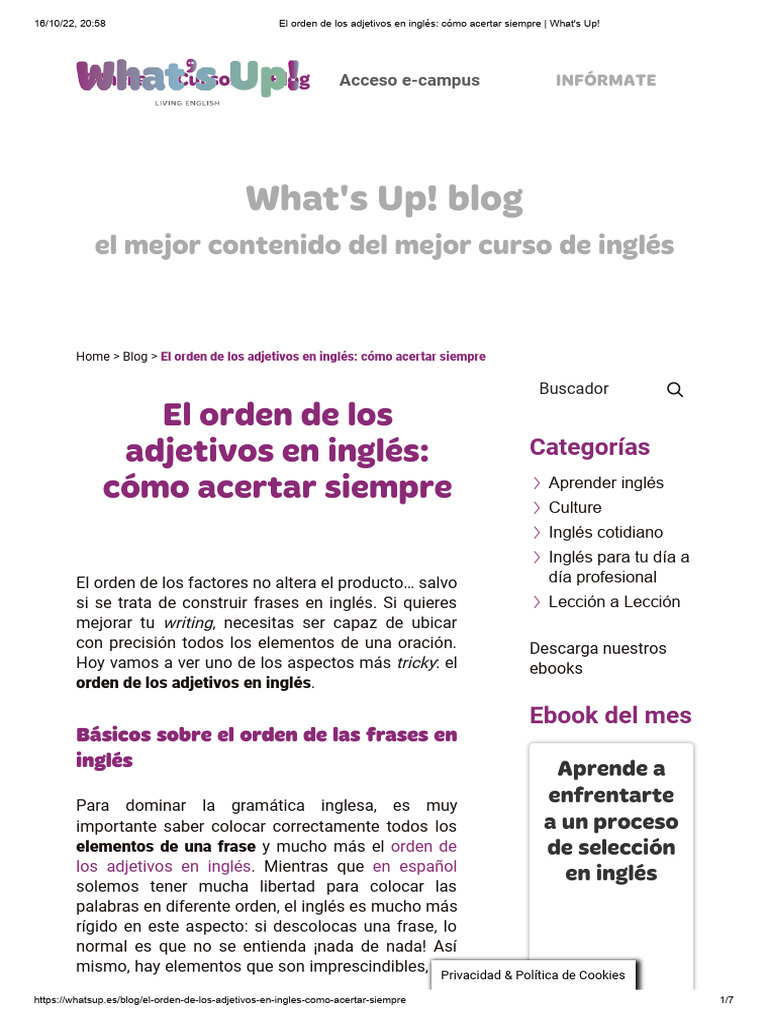El Orden de Los Adjetivos en Inglés - Cómo Acertar Siempre - What's Up! | PDF | Adjetivo ...