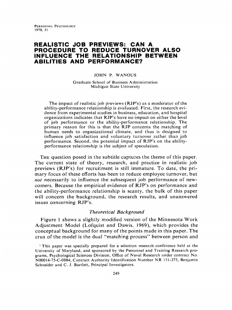 Realistic Job Previews: Can A Procedure To Reduce Turnover Also ...