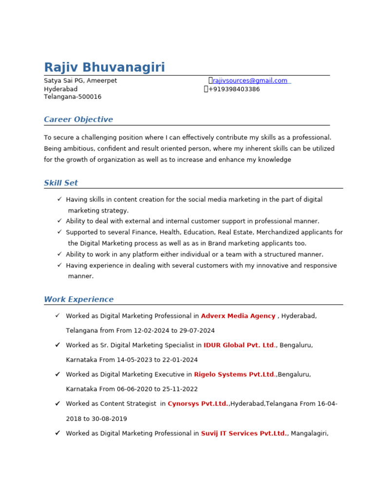 Rajiv B Digital Marketing Professional Resume | PDF | Digital Marketing | Communication