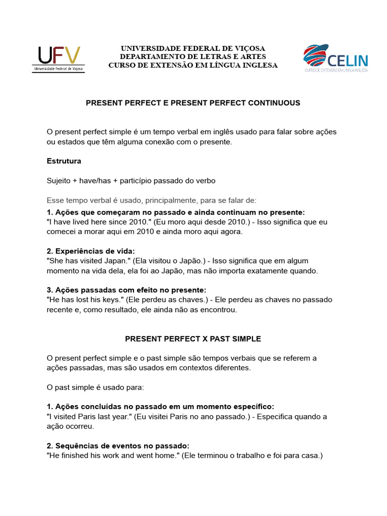 Present Perfect and Perfect Continuous Handout For Level 3a | PDF ...