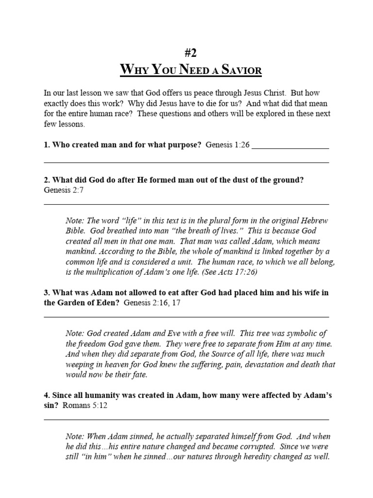 Bible Study - Why You Need A Savior | PDF | Adam | Sin
