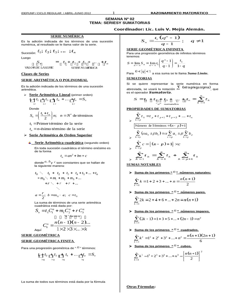 Series y Sumatorias Matemáticas | PDF | Secuencia | Matemática Elemental