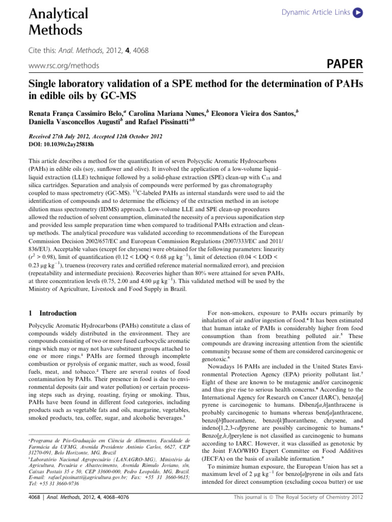 Single Laboratory Validation SPE Method PAHs in Edible Oil | PDF | Detection Limit | Analysis