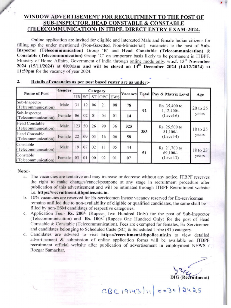 Notification ITBP SI Constable Head Constable Posts | PDF