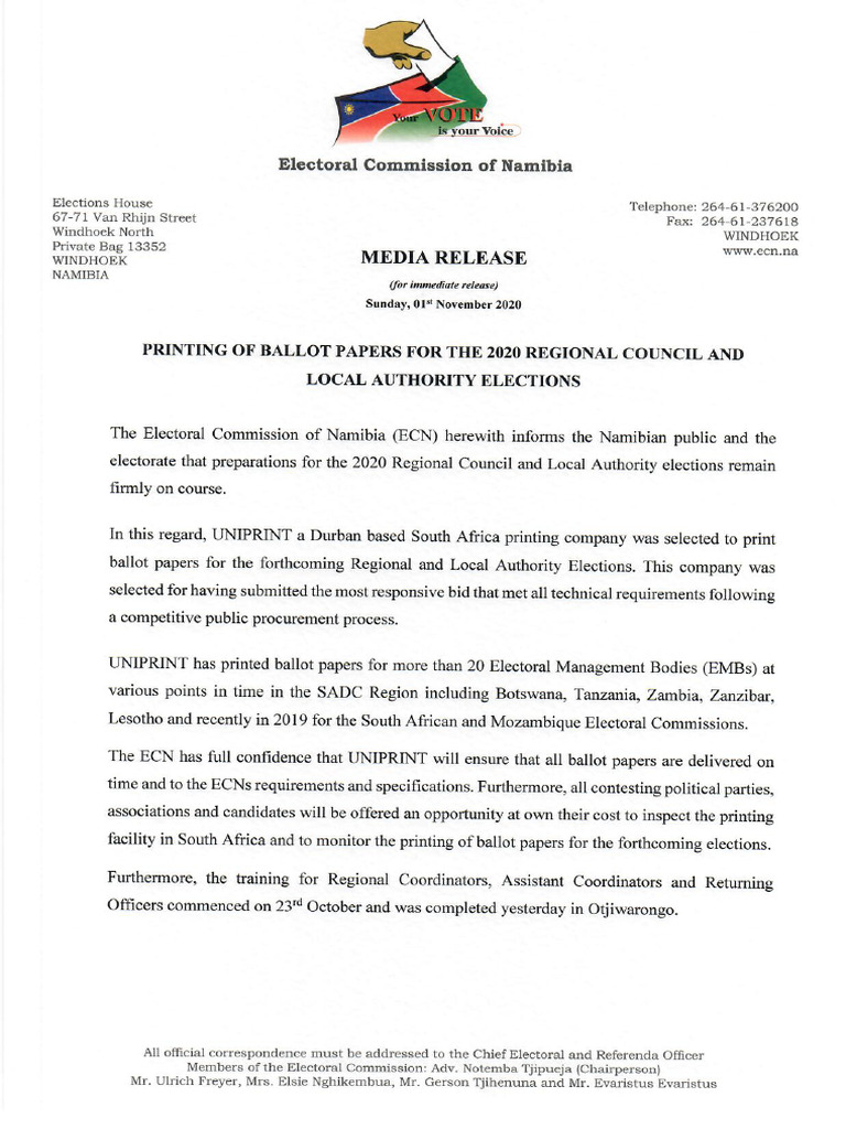 Media Release Printing of Ballot Papers For The 2020 Regional Council ...