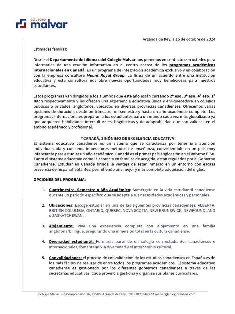 Arganda de Rey, A 16 de Octubre de 2024 Estimadas Familias:: de Idiomas ...