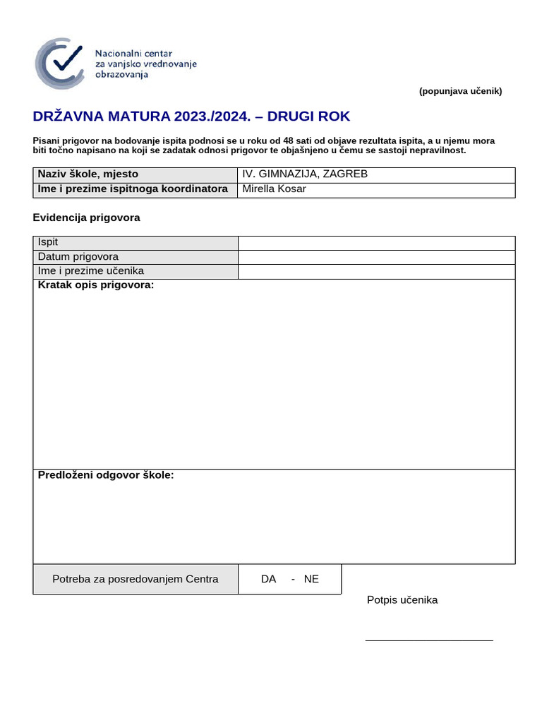 Obrazac Prigovora Za-Ucenike DM24-2 | PDF