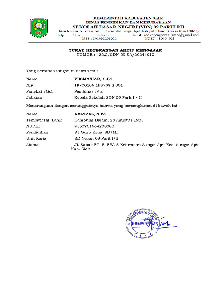 Surat Keterangan Aktif Mengajar Dari Kepsek | PDF