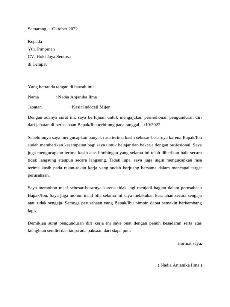 Surat Pengunduran Diri Nadia | PDF
