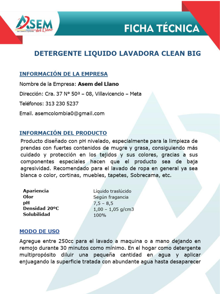 Ficha Tecnica Detergente Liquido Lavadora Clean | PDF