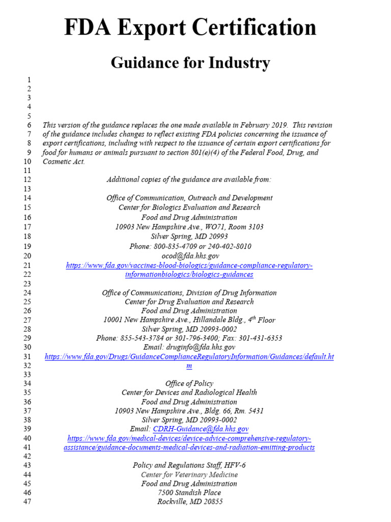 FDA - Export Certification Guidance For Industry | PDF | Food And Drug ...