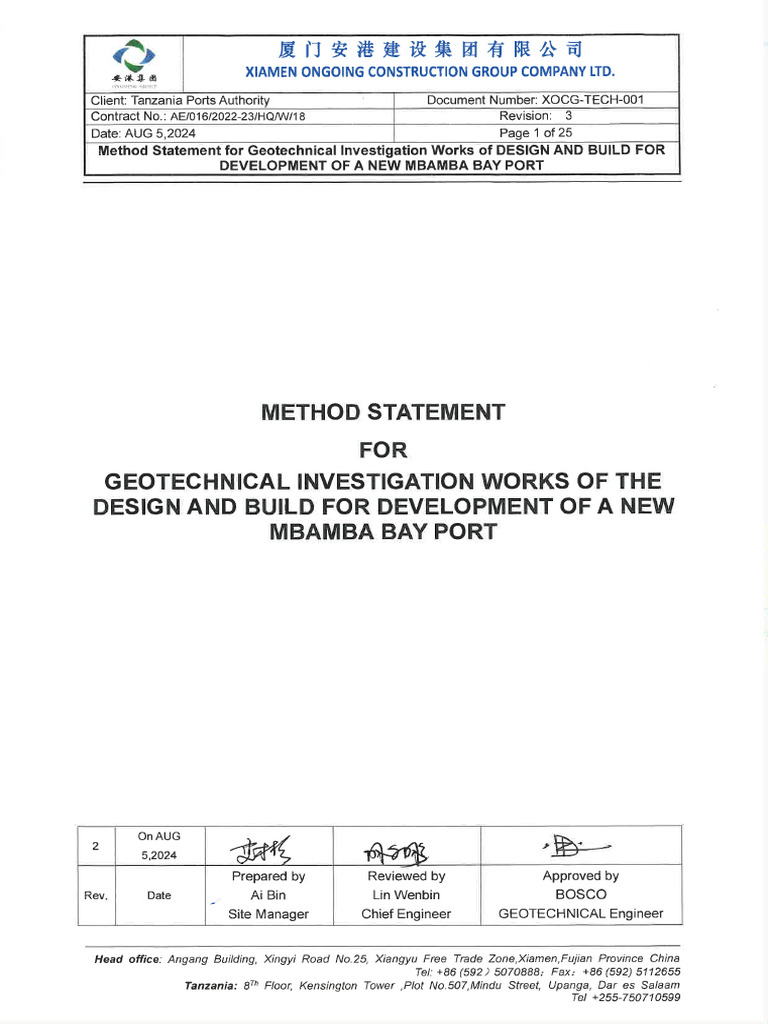 Method Statement For Geotechnical Investigation Works Final Revised | PDF | Geotechnical Engineering
