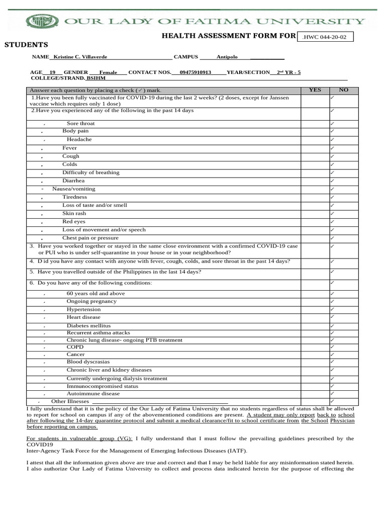 Student Health Assessment Form | PDF | Chronic Obstructive Pulmonary ...