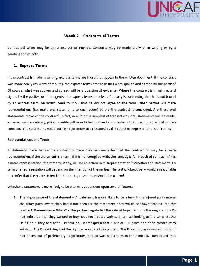 Contractual Terms: Express vs. Implied | PDF | Consent | Contract Law