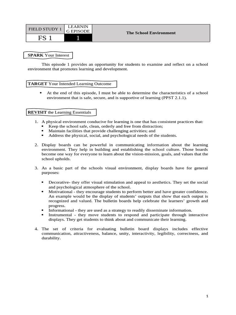 FS 1 | PDF | Classroom | Learning
