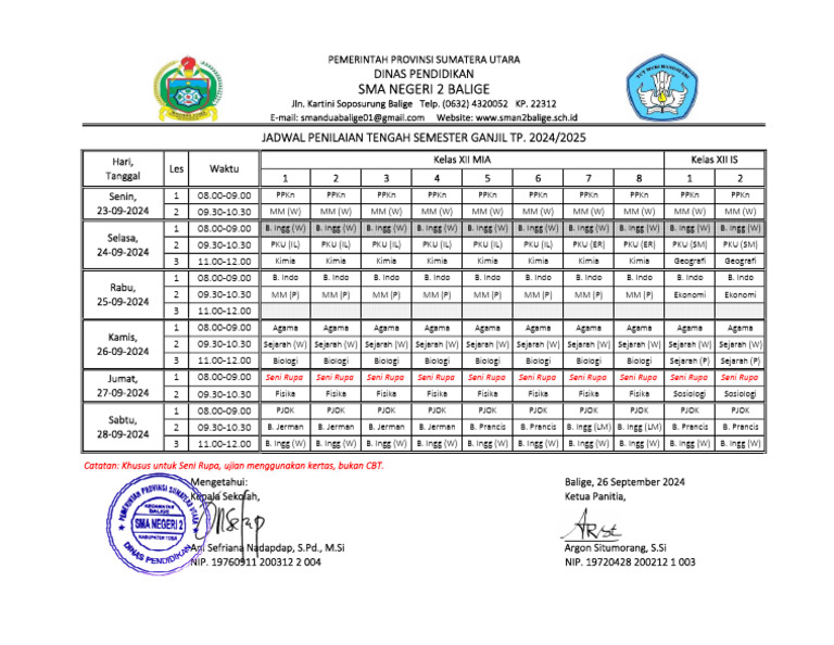 Jadwal PTS Ganjil SMA N 2 Balige 2024 | PDF