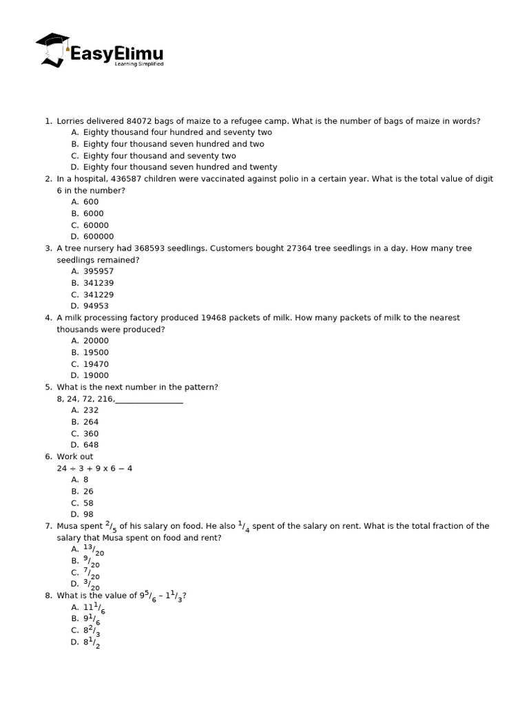 Grade 6 Math KPSEA 2023 Questions | PDF | Litre