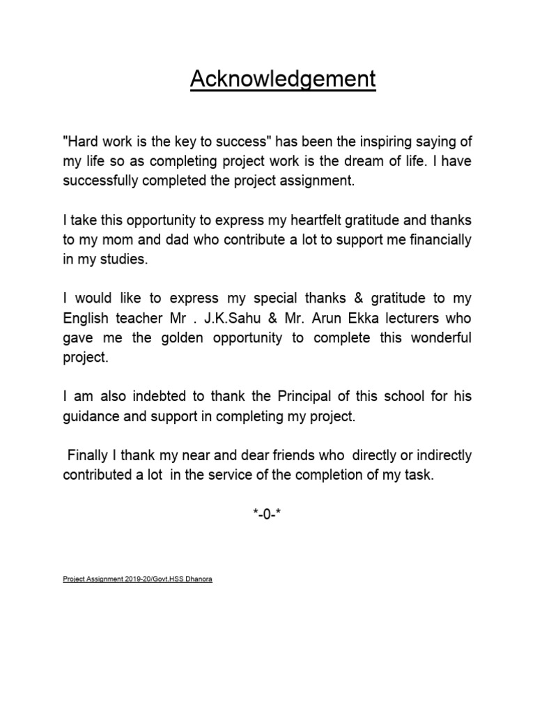 Acknowledgement: Project Assignment 2019-20/govt - HSS Dhanora | PDF
