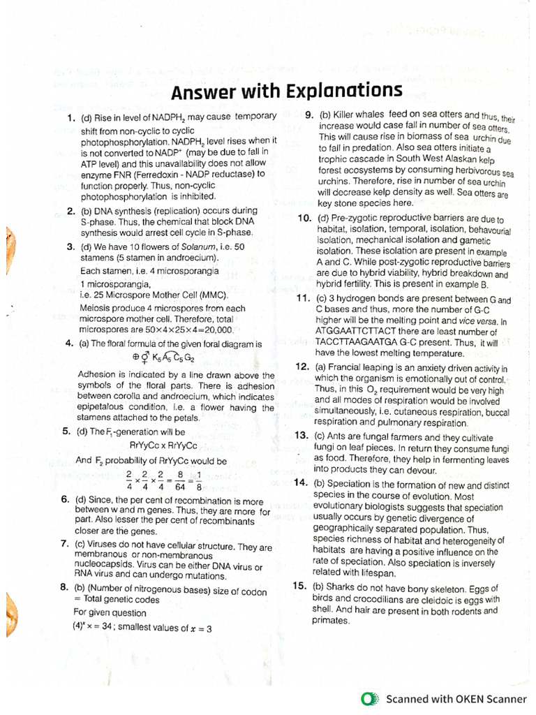 Nseb-Biology - Solved Paper 2014-Answer Key | PDF