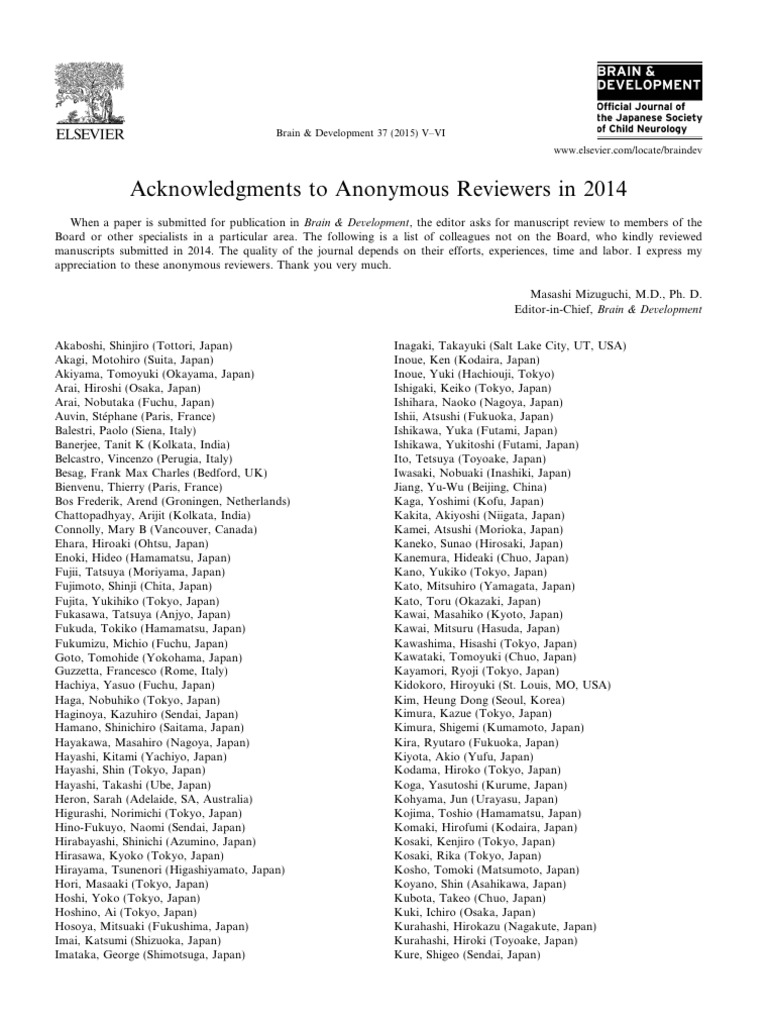 2014 Brain & Development Reviewer Acknowledgments | PDF