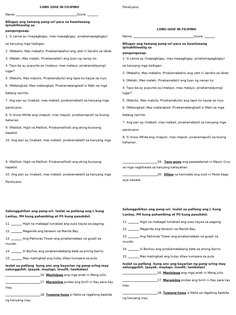 Long Quiz in Filipino | PDF