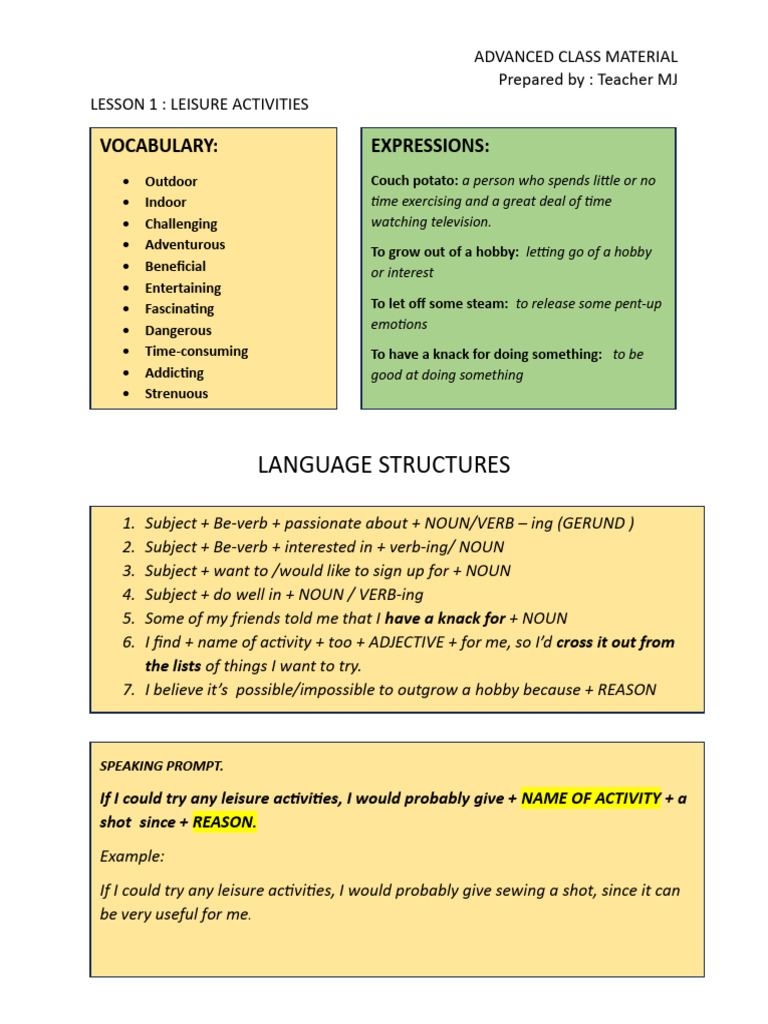 Lesson 1 Leisure Activities 2024 | PDF | Hobbies | Subject (Grammar)