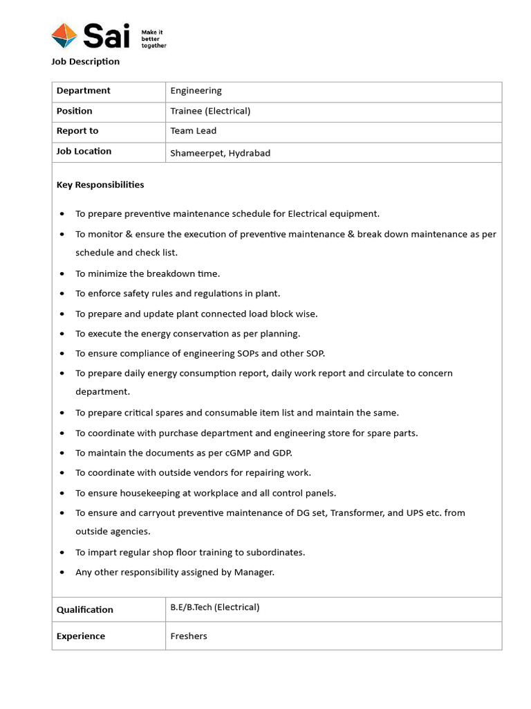 Sai Life Sciences - Job Description - Electrical | PDF