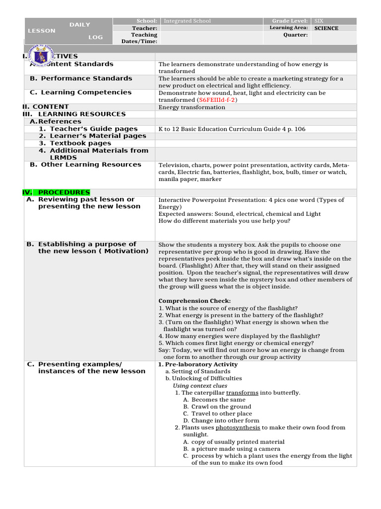 Science 6 Cot | PDF | Learning | Teachers