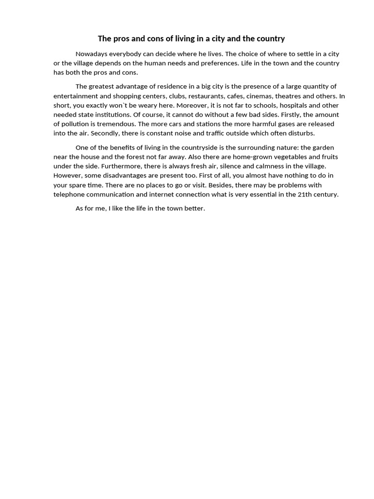 The Pros and Cons of Living in A City and The Country | PDF