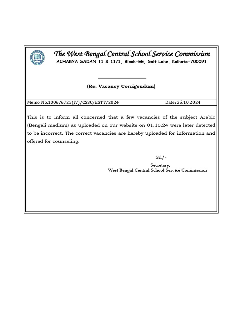 Notice For Vacancy Corrigendum 6723 (IV) 25 Oct 2024 | PDF