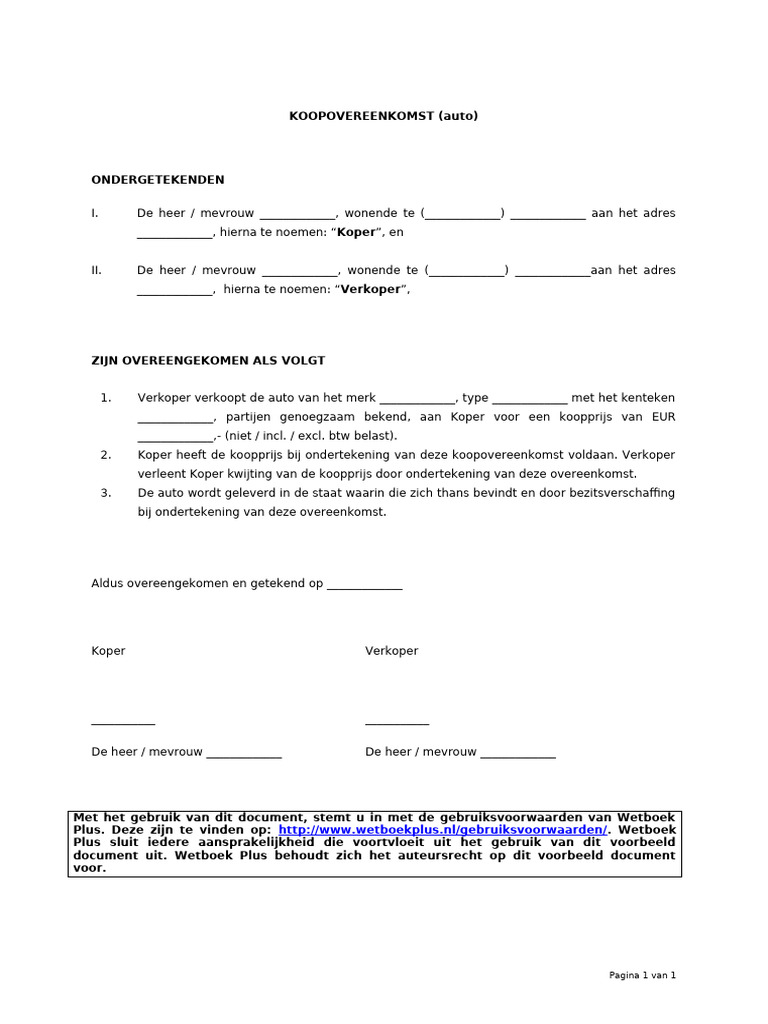 Koopovereenkomst Auto Wetboek | PDF
