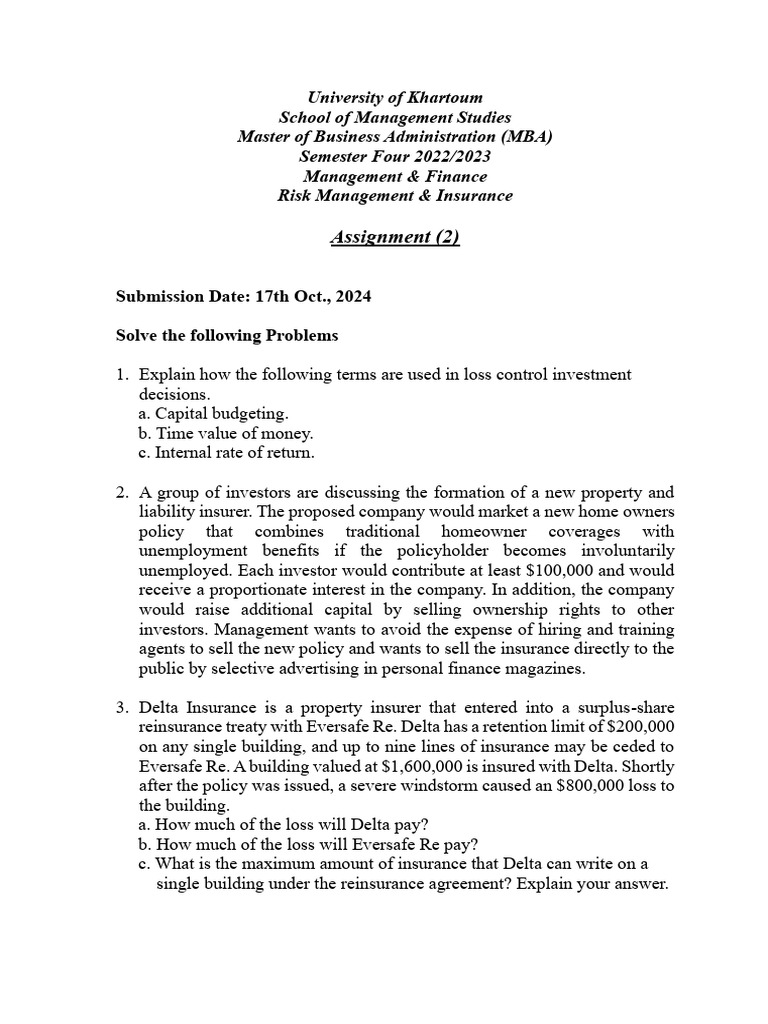 Assignment (2) Risk Management - MBA | PDF | Insurance | Reinsurance