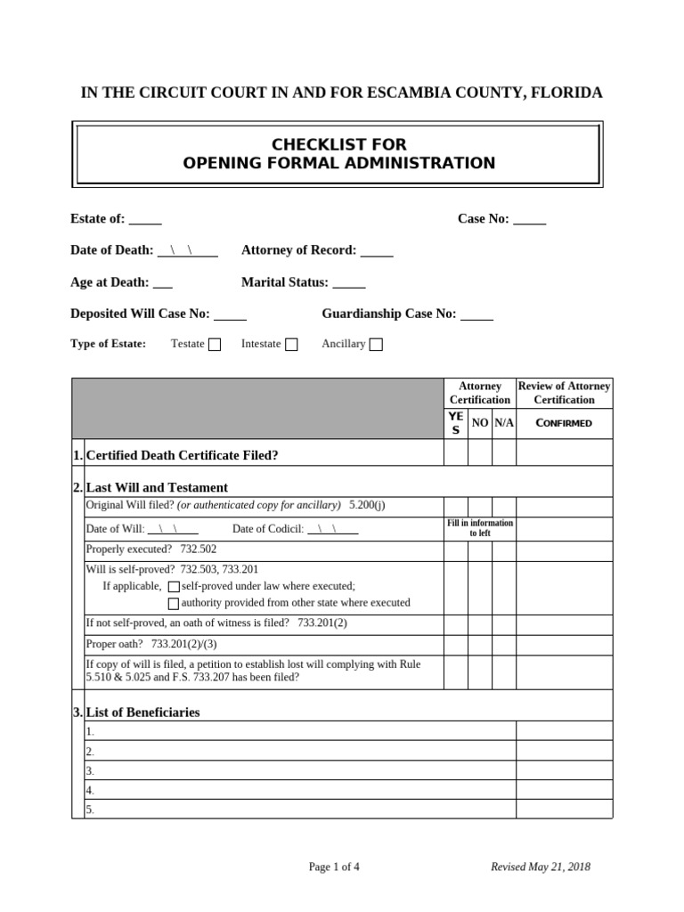 Formal Administration Checklist | PDF | Probate | Will And Testament