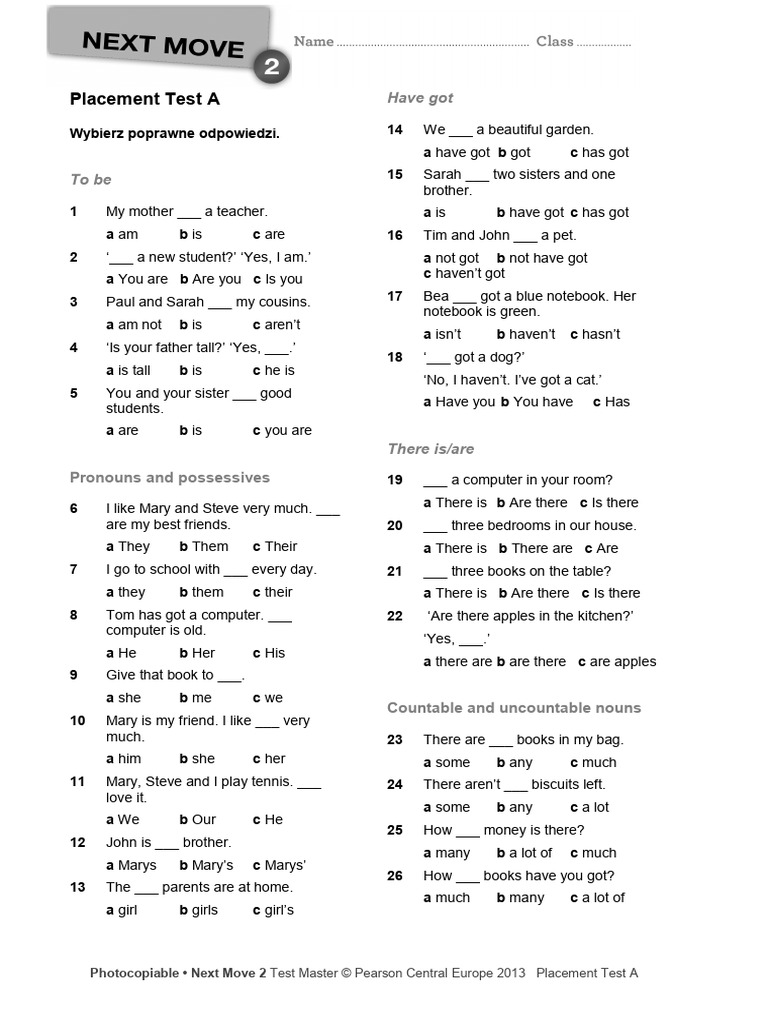 Next Move 2 Placement Test A | PDF | Linguistic Typology | Grammar