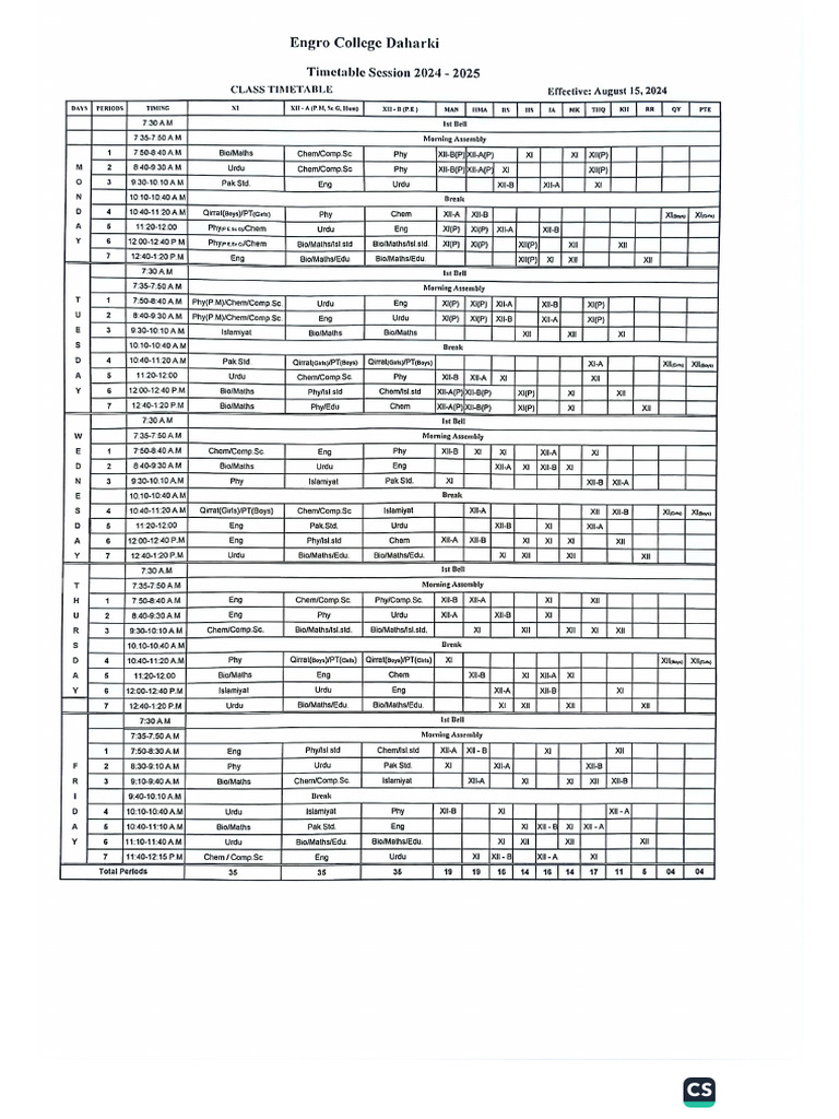 Timetable Session 2024-25 Effective Aug 15,2024 | PDF
