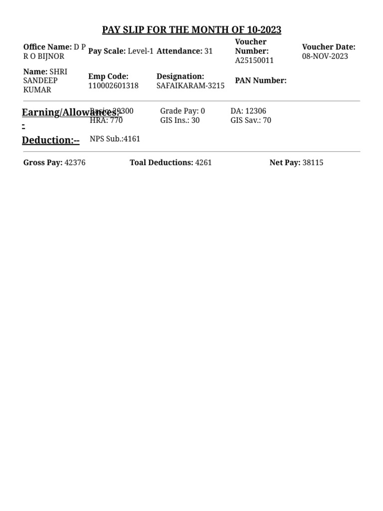 Pay Slip For The Month of 10-2023 | PDF