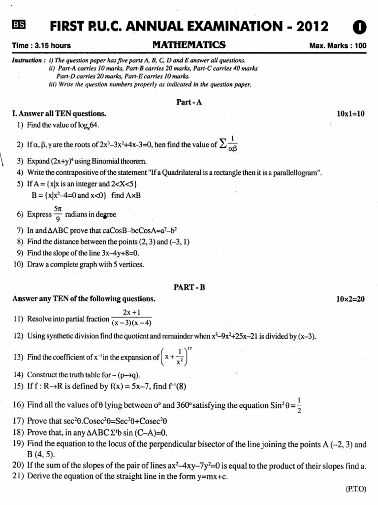 1st Puc Mathematics 2012 | PDF