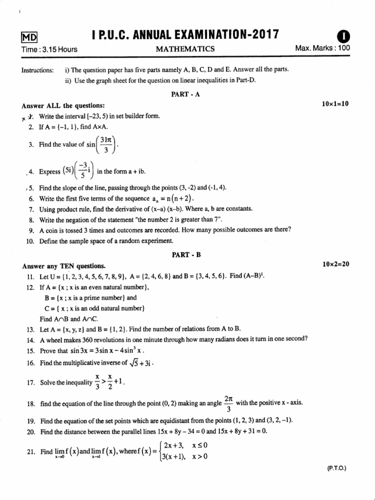 1st Puc Mathematics 2017 | PDF | Function (Mathematics) | Elementary Mathematics