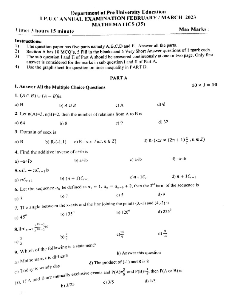 1st Puc Mathematics 2023 | PDF