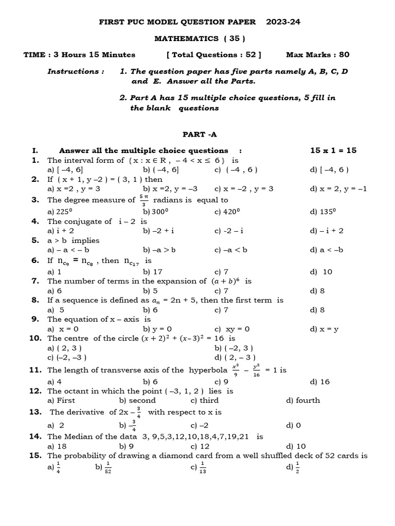 1st Puc Model Question Paper Mathematics-2024 | PDF | Mathematics