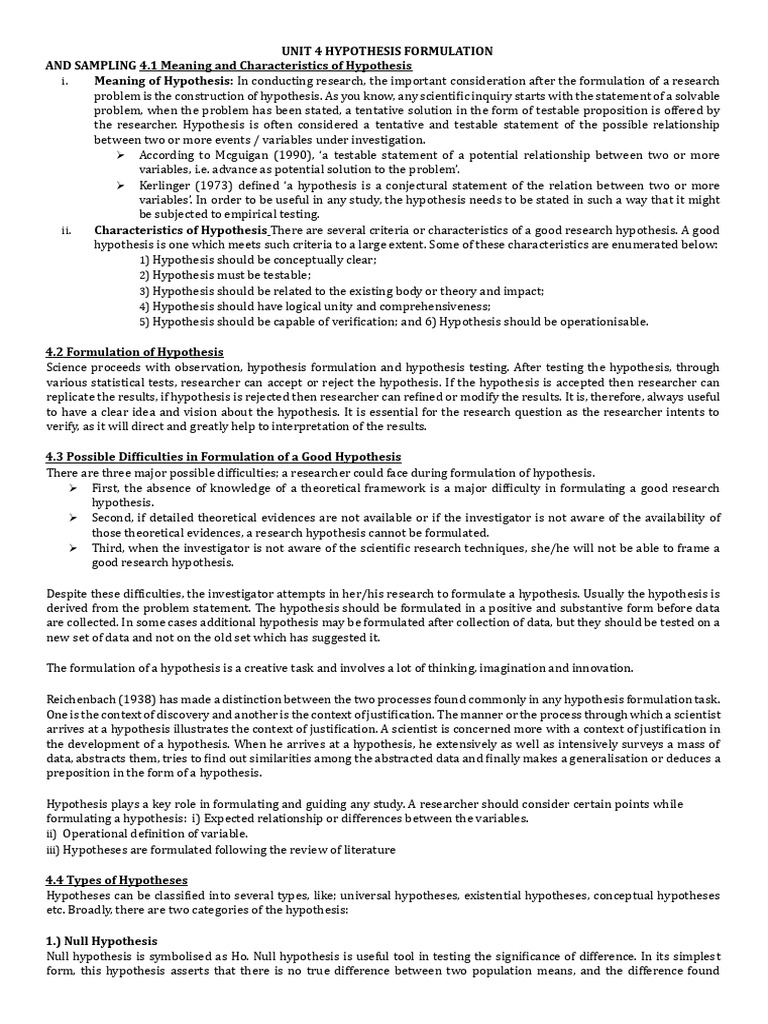 Unit 4 Hypothesis Formulation and Sampling | PDF | Hypothesis | Sampling (Statistics)