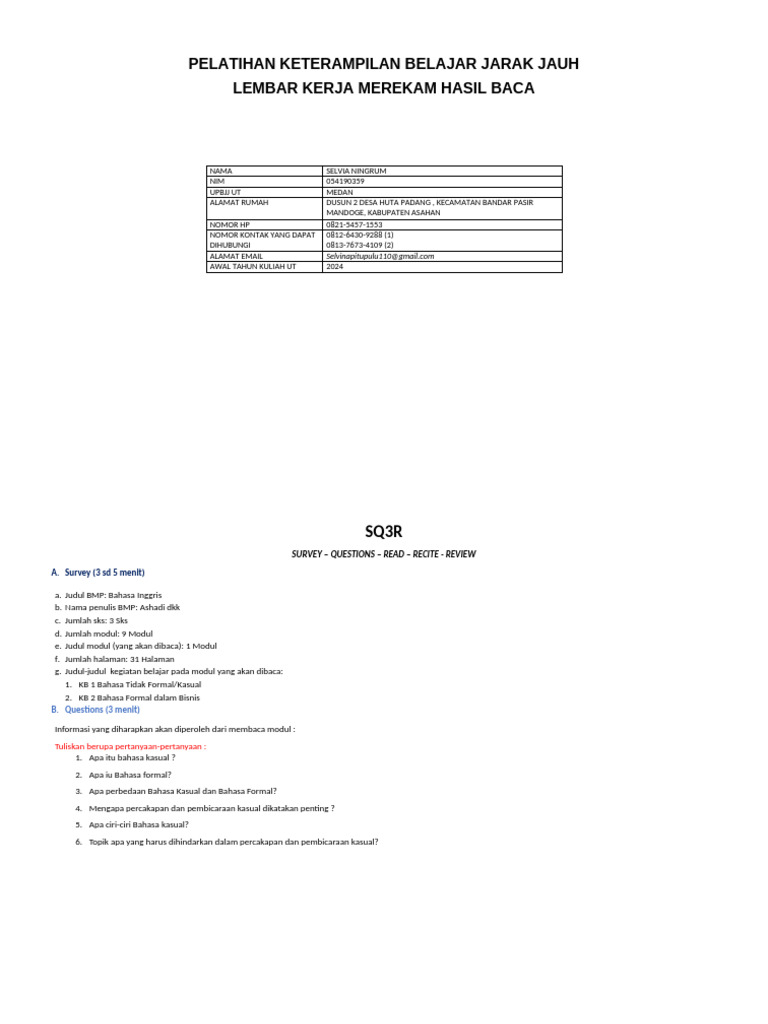Lembar Kerja Hasil Baca UT 2024 | PDF