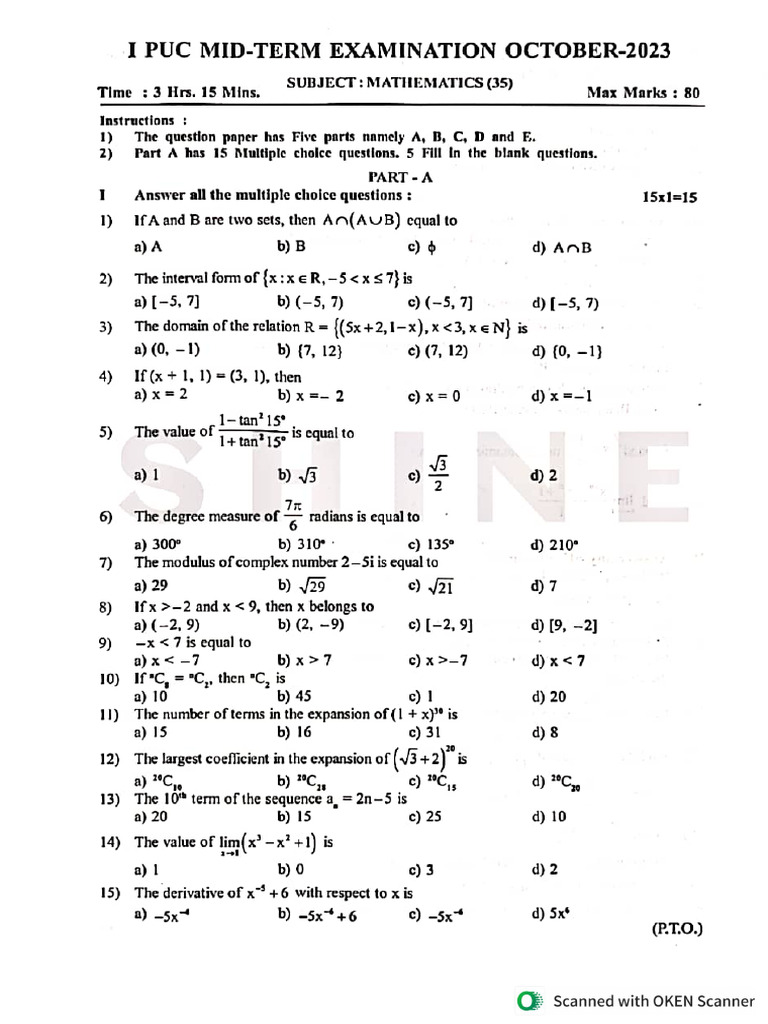 1st PUC Midterm Examination Papers | PDF