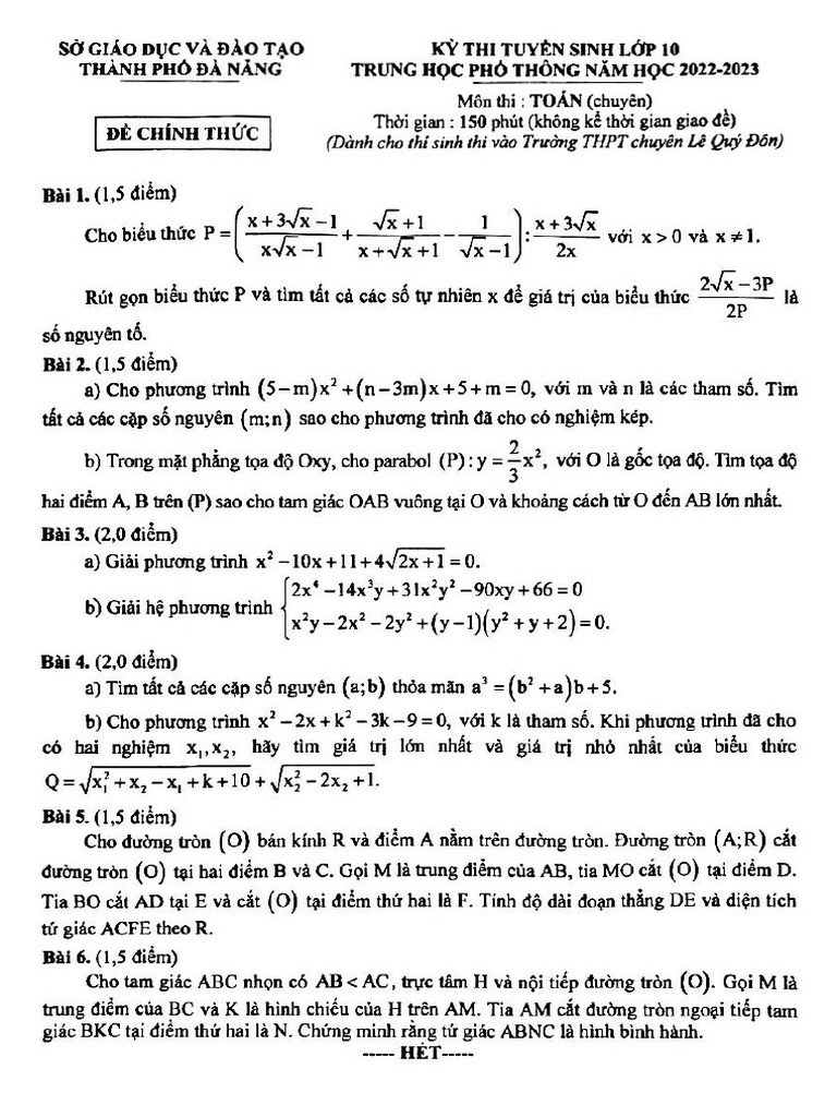 De Tuyen Sinh Lop 10 Mon Toan Chuyen Nam 2022 2023 So GDDT TP Da Nang | PDF