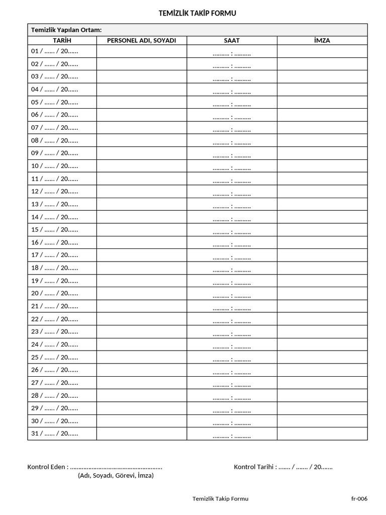 fr-006 Temizlik Takip Formu | PDF