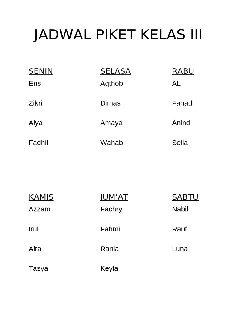 Jadwal Piket Kelas III | PDF